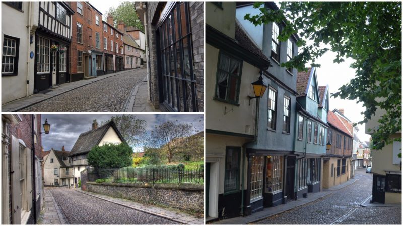 The medieval street Elm Hill in Norwich is one of the best preserved in ...