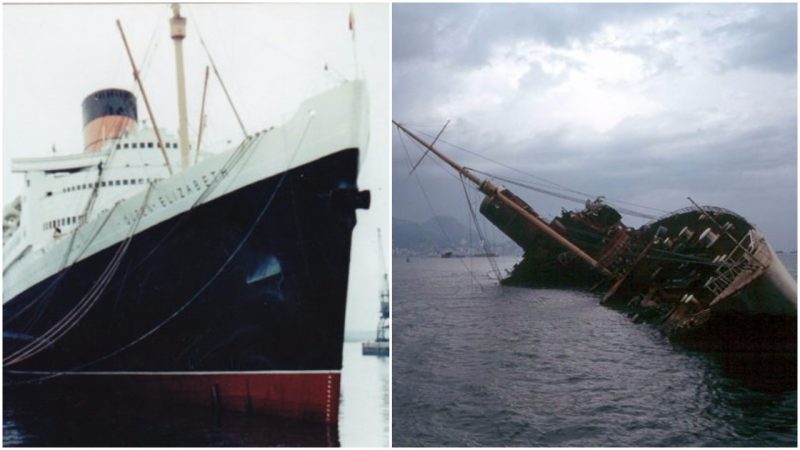 The sad wreckage of RMS Queen Elizabeth the remains are now buried in a ...