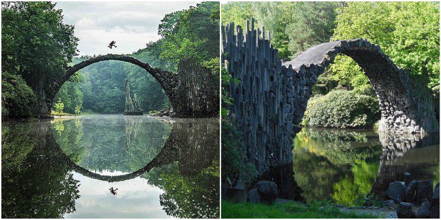 The Devil's Bridge in Germany's Kromlau Park is designed to reflect a ...