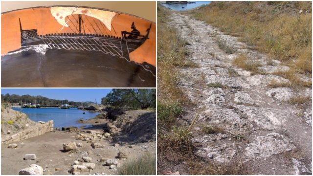 A paved trackway in Ancient Greece which enabled boats to be moved ...