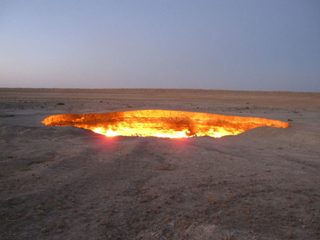 Darvaza Gas Crater also known as "The Door to hell" is a fiery crater ...